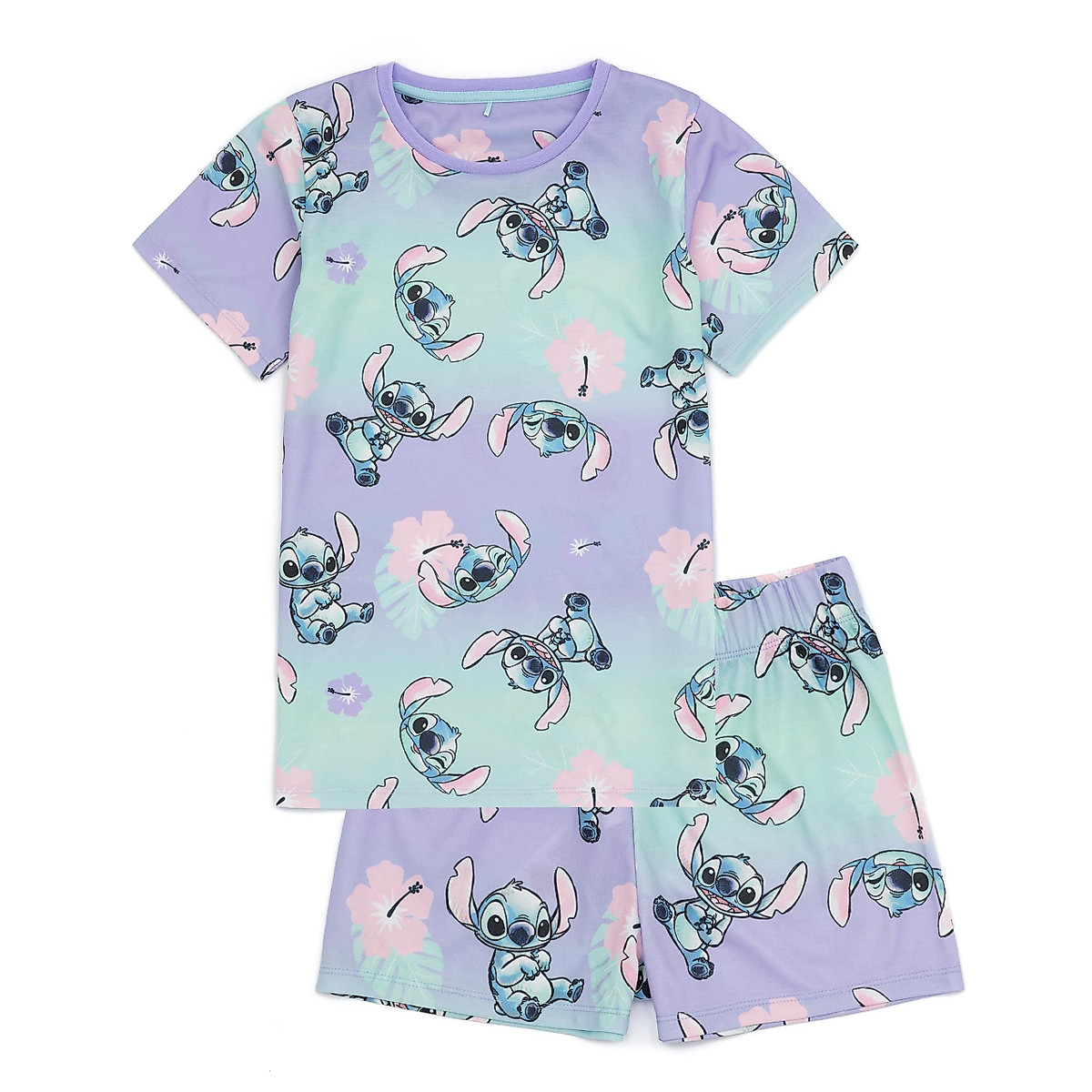 Disney Lilo And Stitch Girls 2 Pack Pyjama Set | Kids Short Sleeve T-Shirt Complete & Shorts PJs | Just Chill Alien Graphic Purple