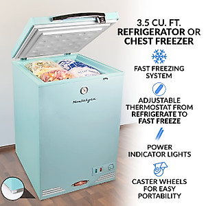 Nostalgia Classic Retro 3.5 Cu.Ft. Chest Freezer and Refrigerator All in One, Includes Rolling Wheels, Portable, Indoor/Outdoor, Lock and Keys, Removable Basket, Adjustable Temperature Dial with Gauge