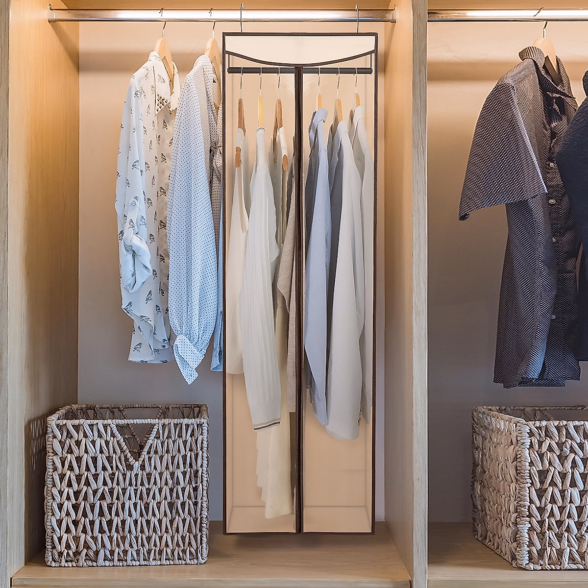 STORAGE MANIAC 2-Pack Hanging Garment Bag Zipper Cover with Sealed Clear Window, Long Garment Cover for Closet Storage Wardrobe Clothes Protector, Large Garment Storage Bag for Dresses,Suits, Beige