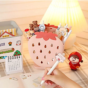 Strawberry Desk Organizer with 2 Compartments Cute Kawaii Pencil Holder Make Up Brush Holders Pen Holder for School Girls Teens Room Decor Storage and Organization (Light Pink)