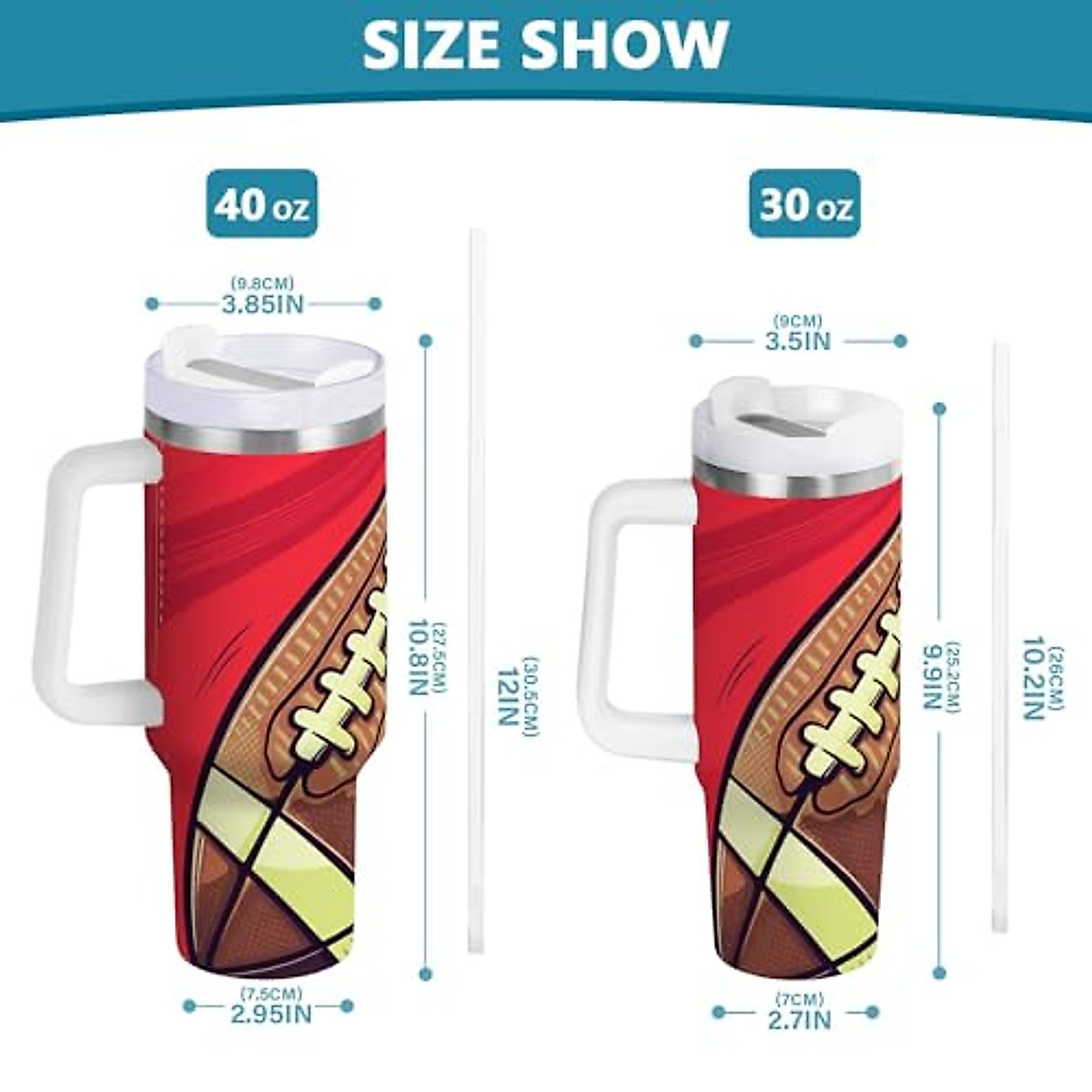 ODAWA 40oz Double Wall Insulated Tumbler, American Football Red Steel Insulated Tumbler with Lid and Straw