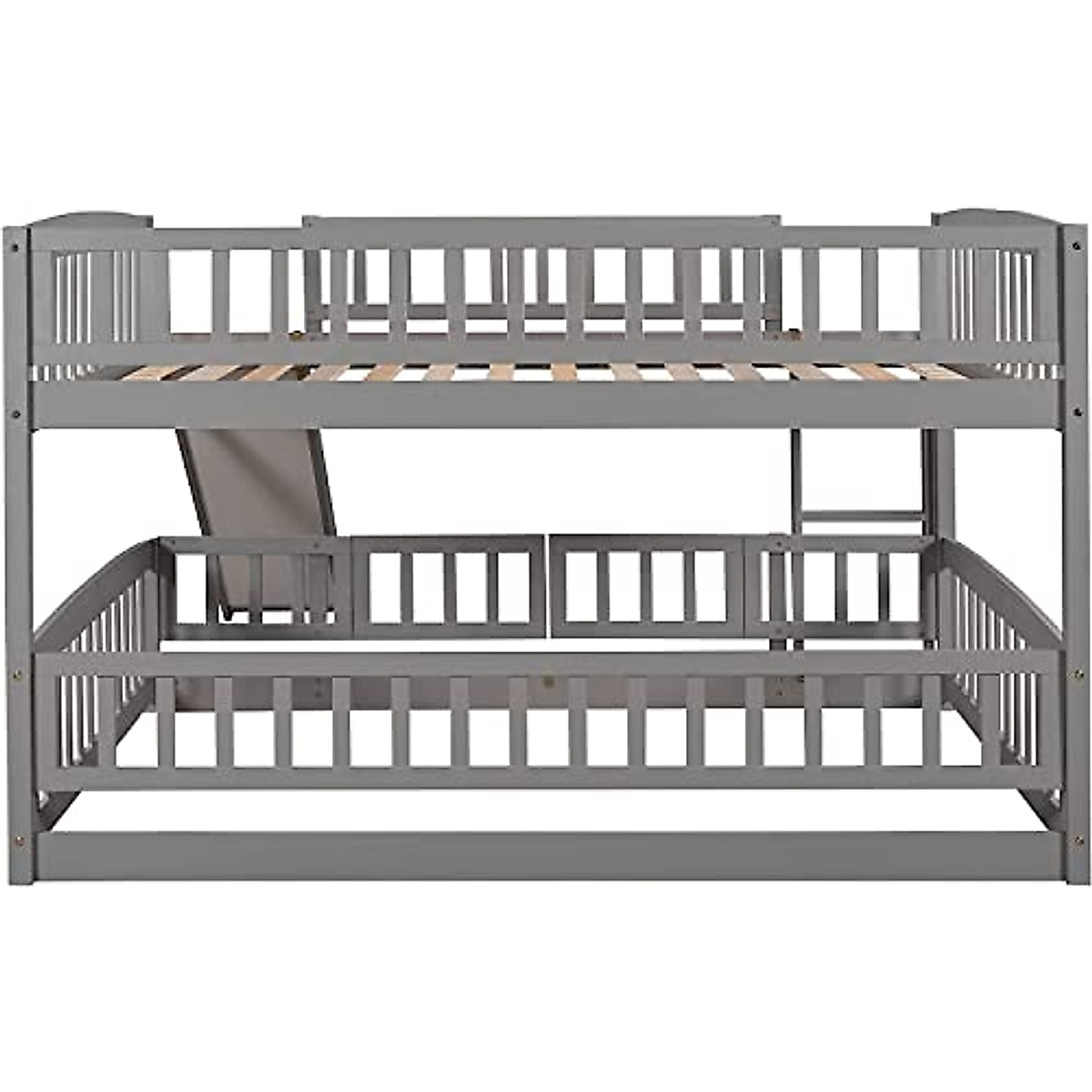 Harper & Bright Designs Low Bunk Beds Full Over Full, Wood Kids Bunk Bed with Slide, Fence and Ladder, Full Size Bunk Beds for Girls Boys, Grey