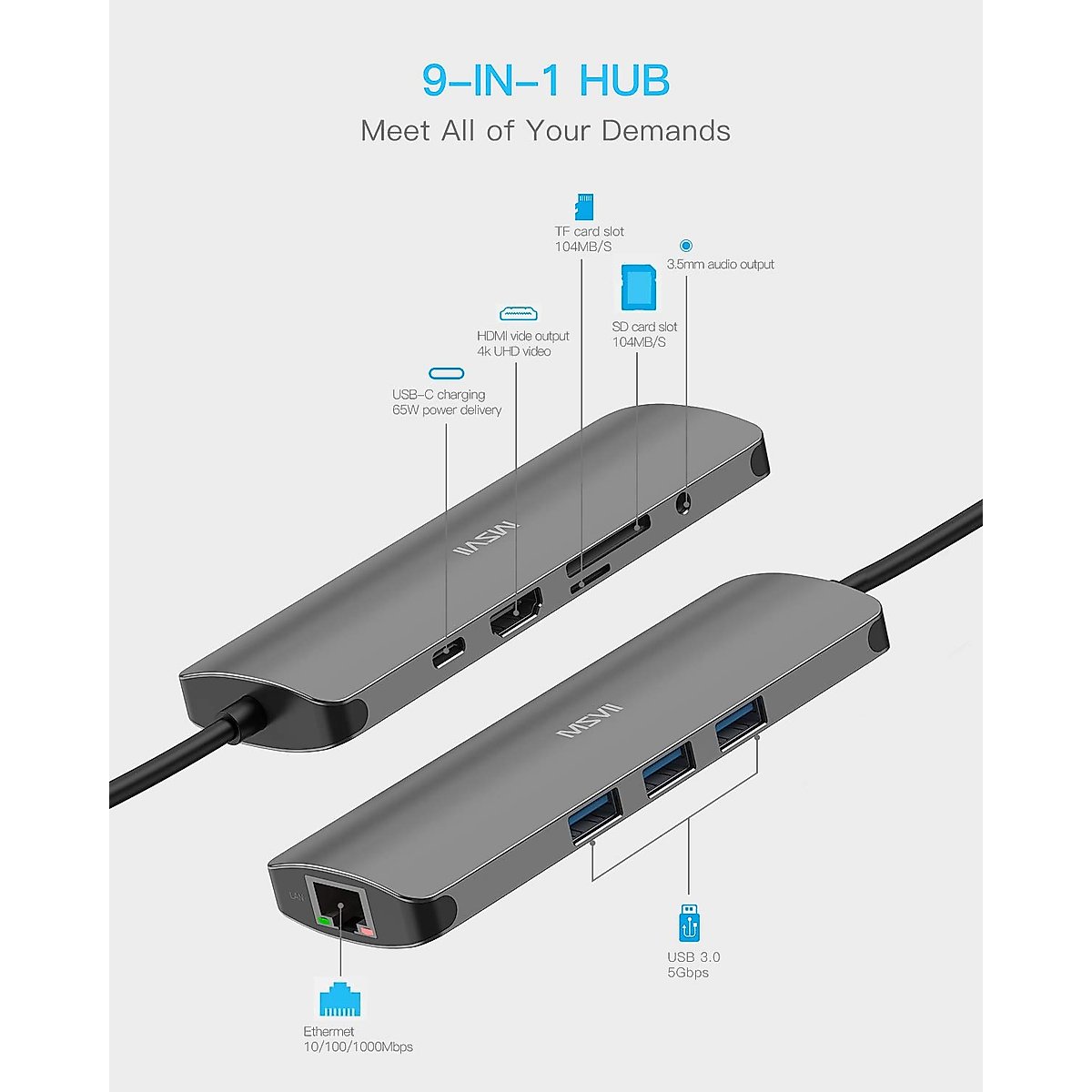 MSVII USB C Hub, 9 in 1 USB Type C Adapter with Ethernet, 4K USB C to HDMI, 3 USB 3.0 Ports, SD/TF Card Reader, 3.5mm Audio Jack, PD Fast Charging for Mac Book Pro and Other Type-C Laptops