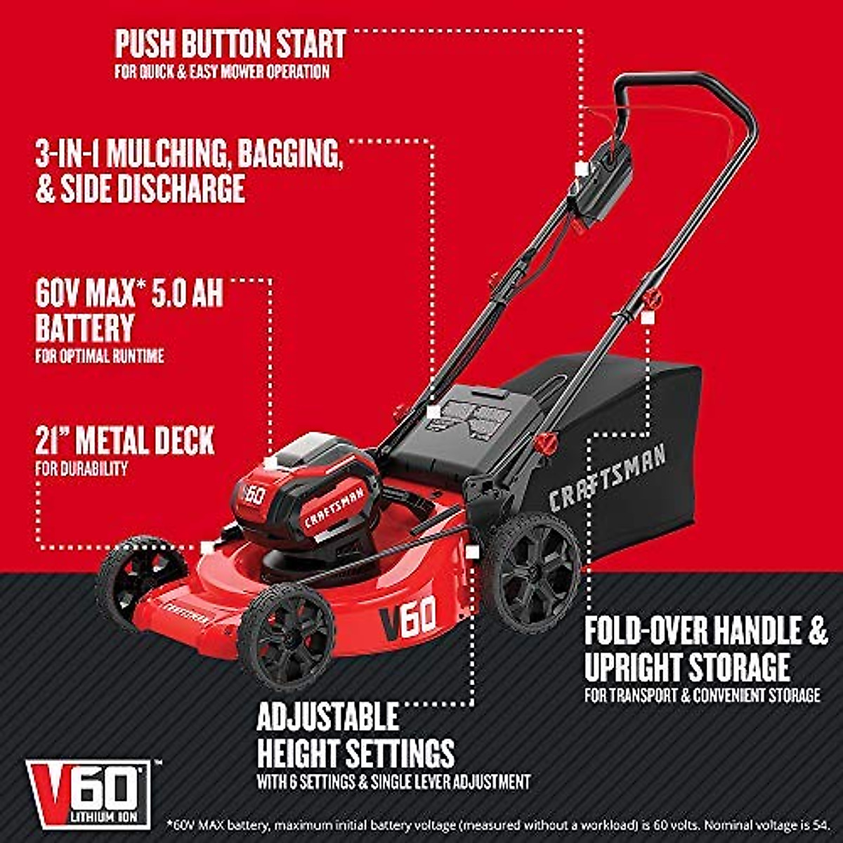 CRAFTSMAN V60* 3-in-1 Cordless Lawn Mower, 21-Inch (CMCMW260P1)