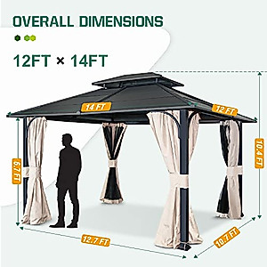 EAGLE PEAK 12x14 Outdoor Steel Frame Hardtop Gazebo Pavilion with Double Roof for Garden, Patio, Lawn and Party, Mosquito Mesh Netting and Light Beige Privacy Curtains Included, Black