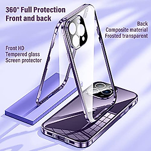 KumWum Magnetic Case for iPhone 14 Pro Max Front and Back Protection Ultra-Thin Tempered Glass Screen Protector Metal Bumper Double Sided Buckle Clear Cover with Camera Lens Protector - Purple