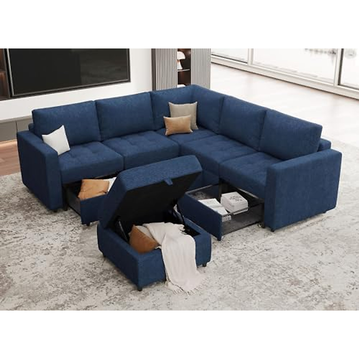 Belffin Oversized Modular Sectional Sofa Fabric L Shape Pull Out Couch with Ottoman Sleeper Sectional Couch with Chaise and Storage Sectional Set 6 Seater Sofa Reversible Sofa for Living Room Blue