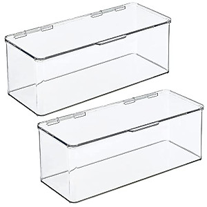 mDesign Plastic Stackable Storage Organizer Box with Hinged Lid - Long Home Office Holder Supply Bin for Note Pads, Gel Pens, Staples, Tape, Highlighters, or Dry Erase Markers, 2 Pack - Clear
