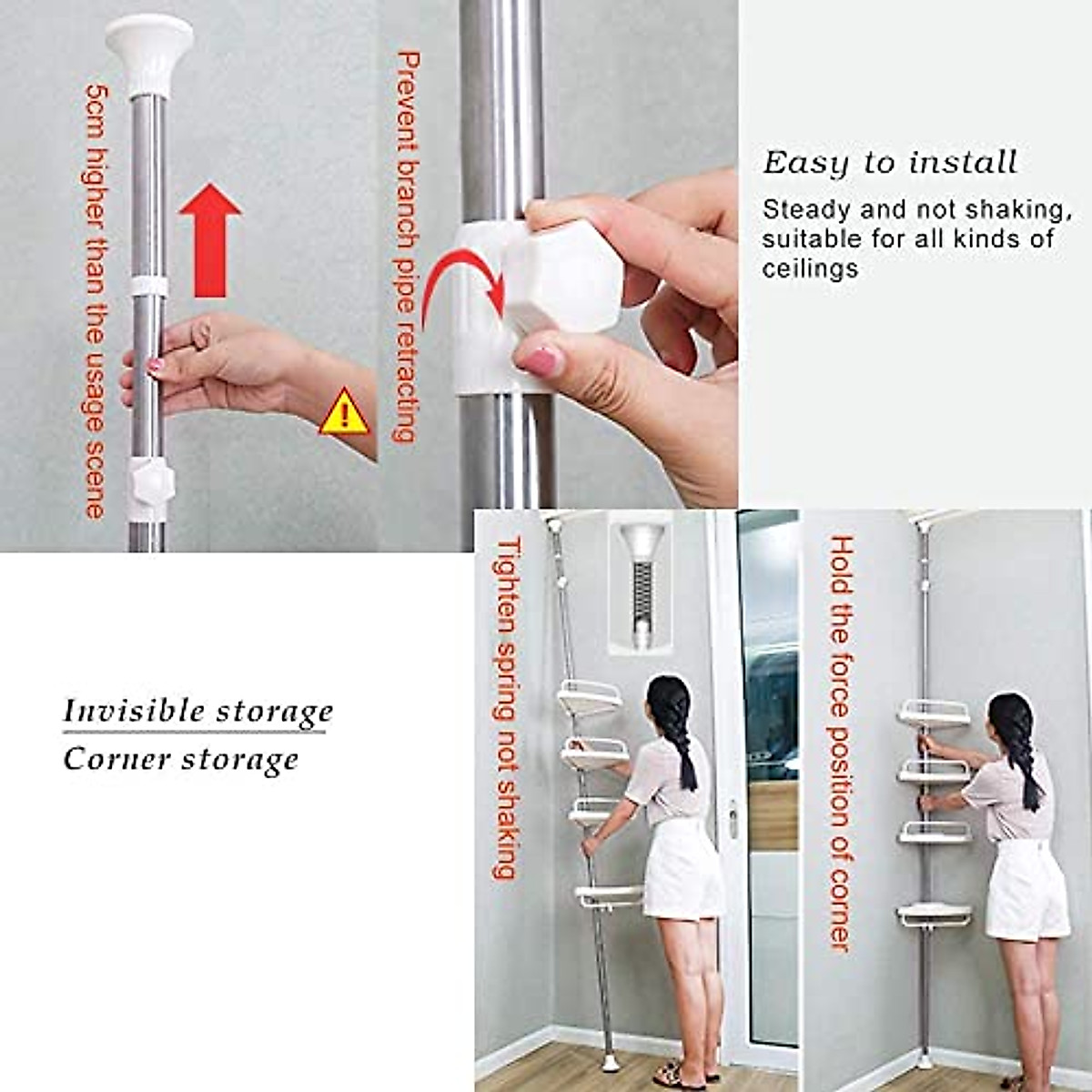 Elenens 4-Layer Retractable Bathroom Corner Tension Shower Caddy with Stainless Steel Pole, Ivory White