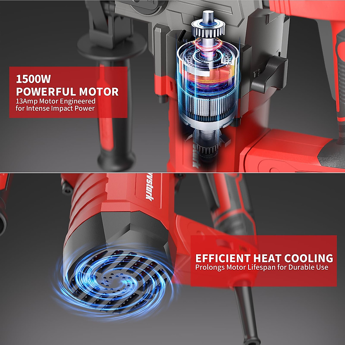 Rotary Hammer Drill, Revvstark 13 Amp 1-1/4 Inch SDS-Plus Heavy Duty Rotary Hammer Drill Powerful, Safety Clutch 4 Functions, Vibration Control Including Grease, Chisels, Drill Bits and Case