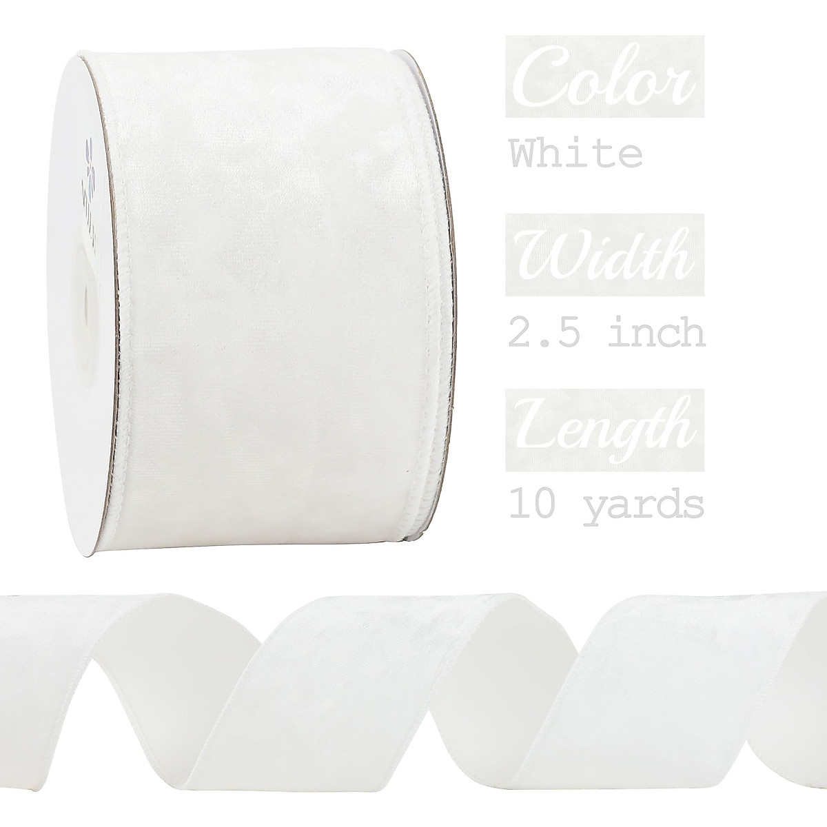 MEEDEE White Crushed Velvet Ribbon 2.5 Inch Velvet Wired Ribbon Crushed Velvet Christmas Ribbon 10 Yards White Velvet Ribbon for Christmas Tree Decoration, Wreath Supplies, Crafts Bow Making