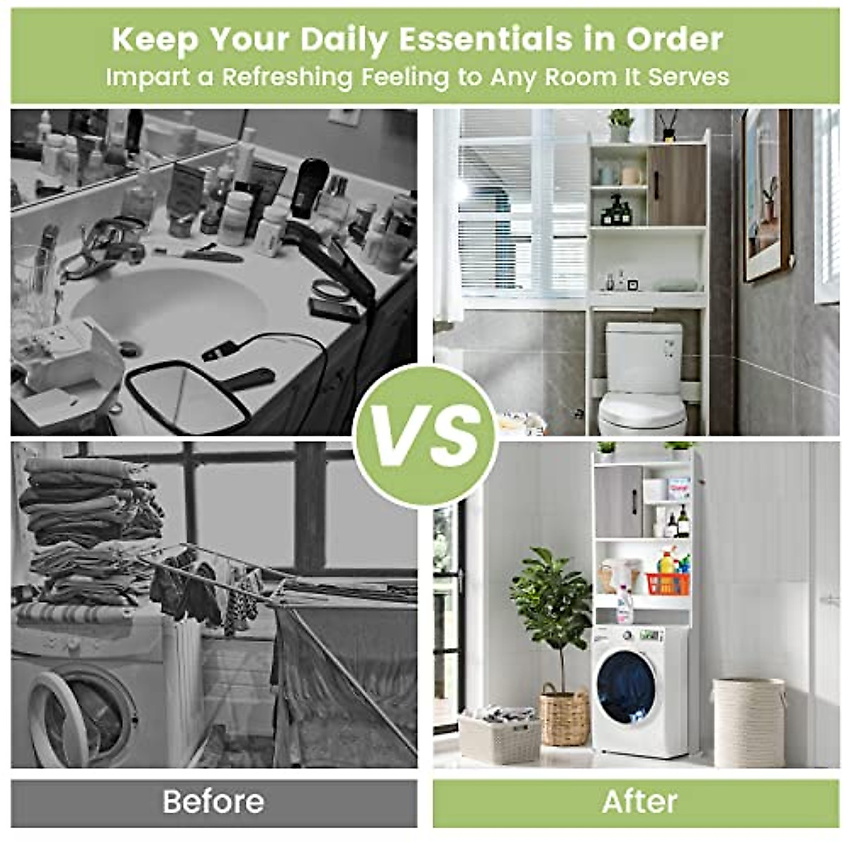 LOKO Over The Toilet Storage Cabinet, Wooden Bathroom Space Saver with Door & Open Storage Shelves, Anti-toppling Device, Freestanding Over Toilet Bathroom Organizer for Bathroom, Laundry