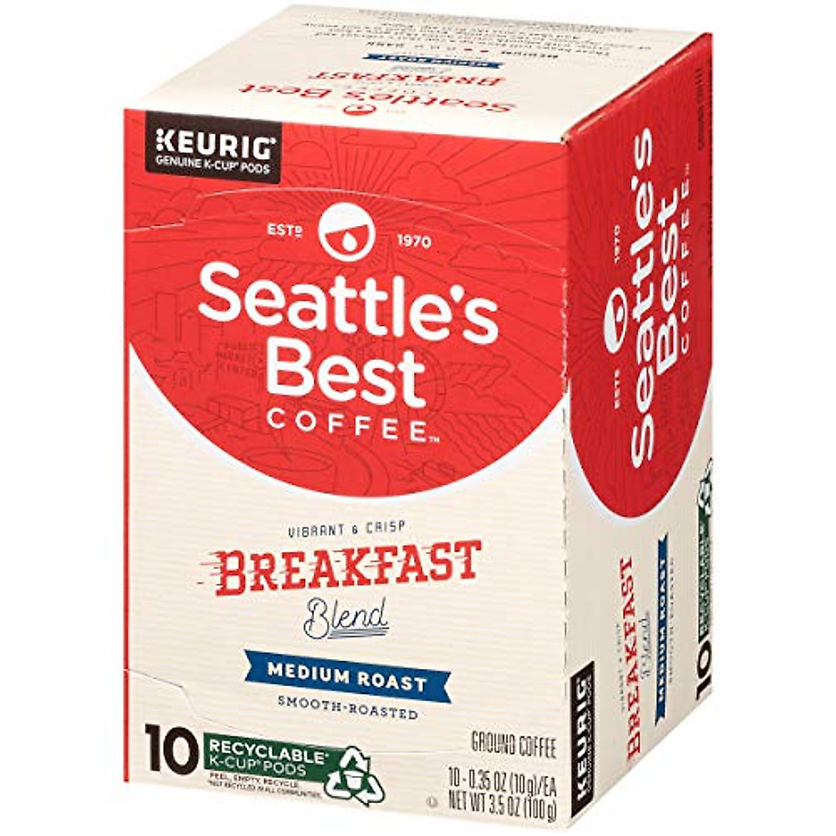 Seattle’s Best Coffee K-Cup Pods, Breakfast Blend, Medium Roast Smooth-Roasted Ground Coffee, 10 CT K- Cups/Box (Pack of 1 Box)