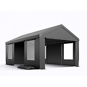 EZYARD Carport 12x20 FT Heavy Duty Carport Reinforced Steel Poles with Removable Sidewalls & Doorst,Gray, EZCP1220GN