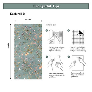 Laatse Green Leaf Wallpaper Peel and Stick Bird Wallpaper 17.5" x 393" Vintage Contact Paper Waterproof Self Adhesive Removable Boho Floral Wall Paper for Bedroom Walls Cabinet Locker