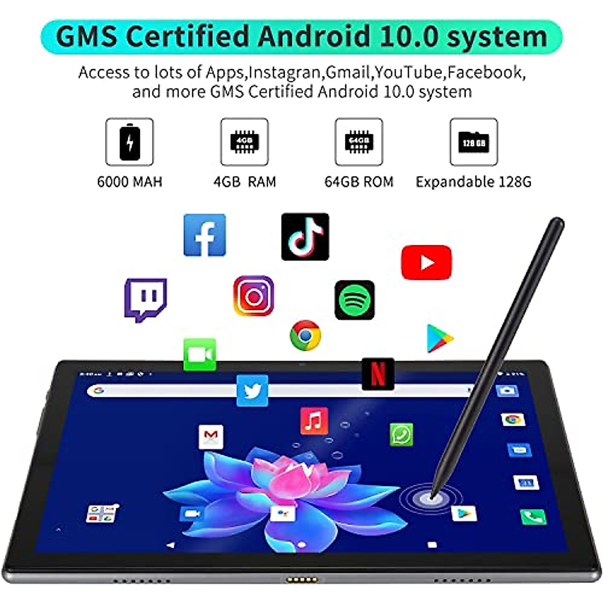 Android 10.0 Tablet PC, 10.1" Octa-Core Tablet 4G LTE with Dual Micro SIM, RAM 4G / ROM 64G, 1280x800Tablet with Keyboard and Stylus Pen,GPS, OTG, G-Sensor, Light Sensor, TF Card, BT 5.0, WiFi.