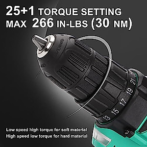 COMOWARE 20V Cordless Drill, Electric Power Drill Set with 1 Battery & Charger, 3/8” Keyless Chuck, 2 Variable Speed, 266 In-lb Torque, 25+1 Position and 34pcs Drill/Driver Bits