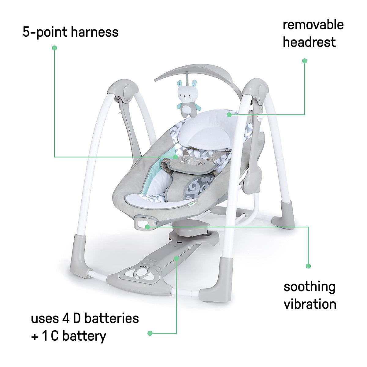 Ingenuity ConvertMe 2-in-1 Compact Portable Automatic Baby Swing & Infant Seat, Battery-Powered Vibrations, Nature Sounds, 0-9 Months 6-20 lbs (Raylan)