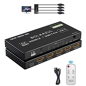8K HDMI 2.1 Switch 120Hz 4K 4 in 1 Out, BolAAzuL 8K@60Hz HDMI 2.1 Splitter Switcher Selector Box 4-Port with Remote 4K 120Hz 2K 144Hz, HDMI 4x1 HDR, 48Gbps, CEC, Dolby Vision, for Xbox Series X PS5