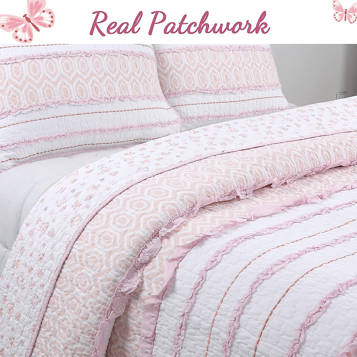 Cozy Line Home Fashions Pretty in Pink Girly Ruffle Stripped 100% Cotton Reversible Quilt Bedding Set, Coverlet, Bedspread (Pink Princess, Twin - 2 Piece: 1 Quilt + 1 Sham)