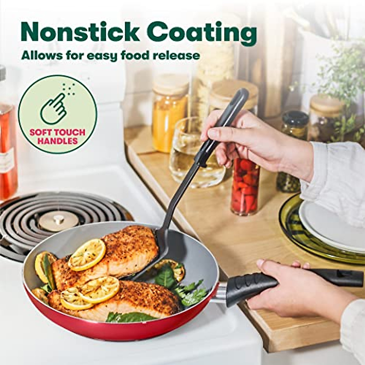 BELLA Cookware Set, 12 Piece Pots and Pans with Utensils, Nonstick Scratch Resistant Cooking Surface Compatible with All Stoves, Nylon and Aluminum, Red