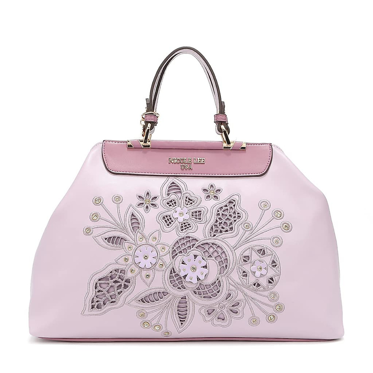 Nicole Lee Cornelia Floral Diamond Embroidered Satchel, Flower Handbag with Optional Crossbody Strap, 3 Compartments (Lavender)