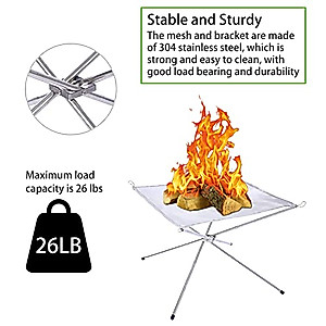 Meshscreen Portable Outdoor Fire Pit 22 Inch, Foldable Stainless Steel Outdoor Camping Wood Burning Accessories for Outdoor, Camping, Garden, Backyard