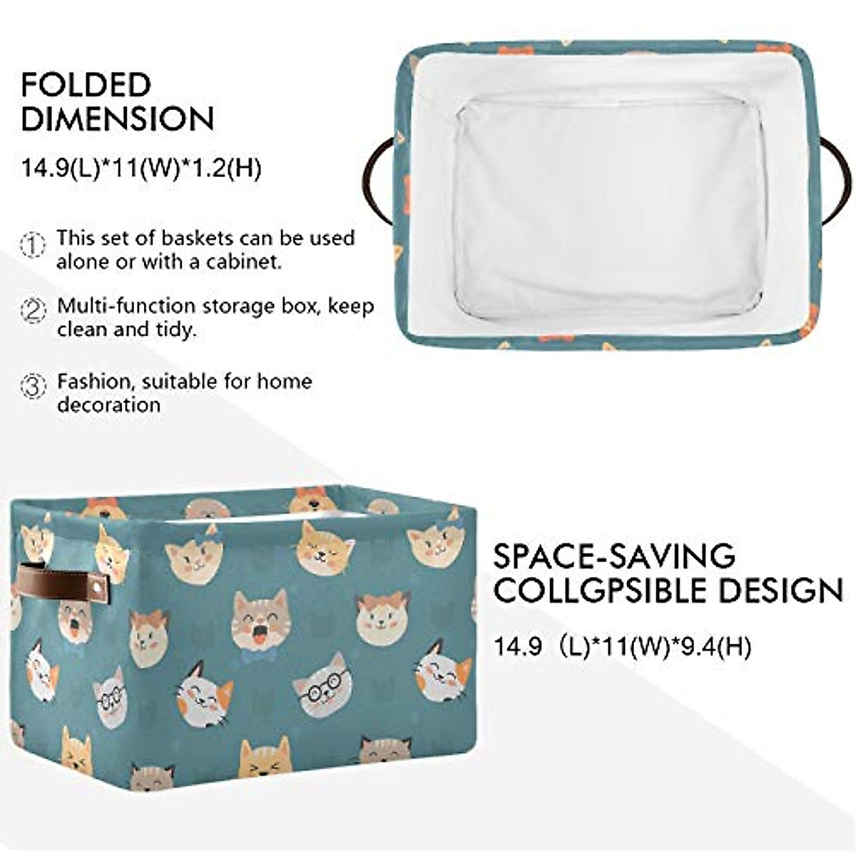 MNSRUU Storage Basket Cat Heads Collapsible Organizer Basket with PU Handles, Waterproof Nursery Basket Storage Bin for Shelves for Organizing Closet