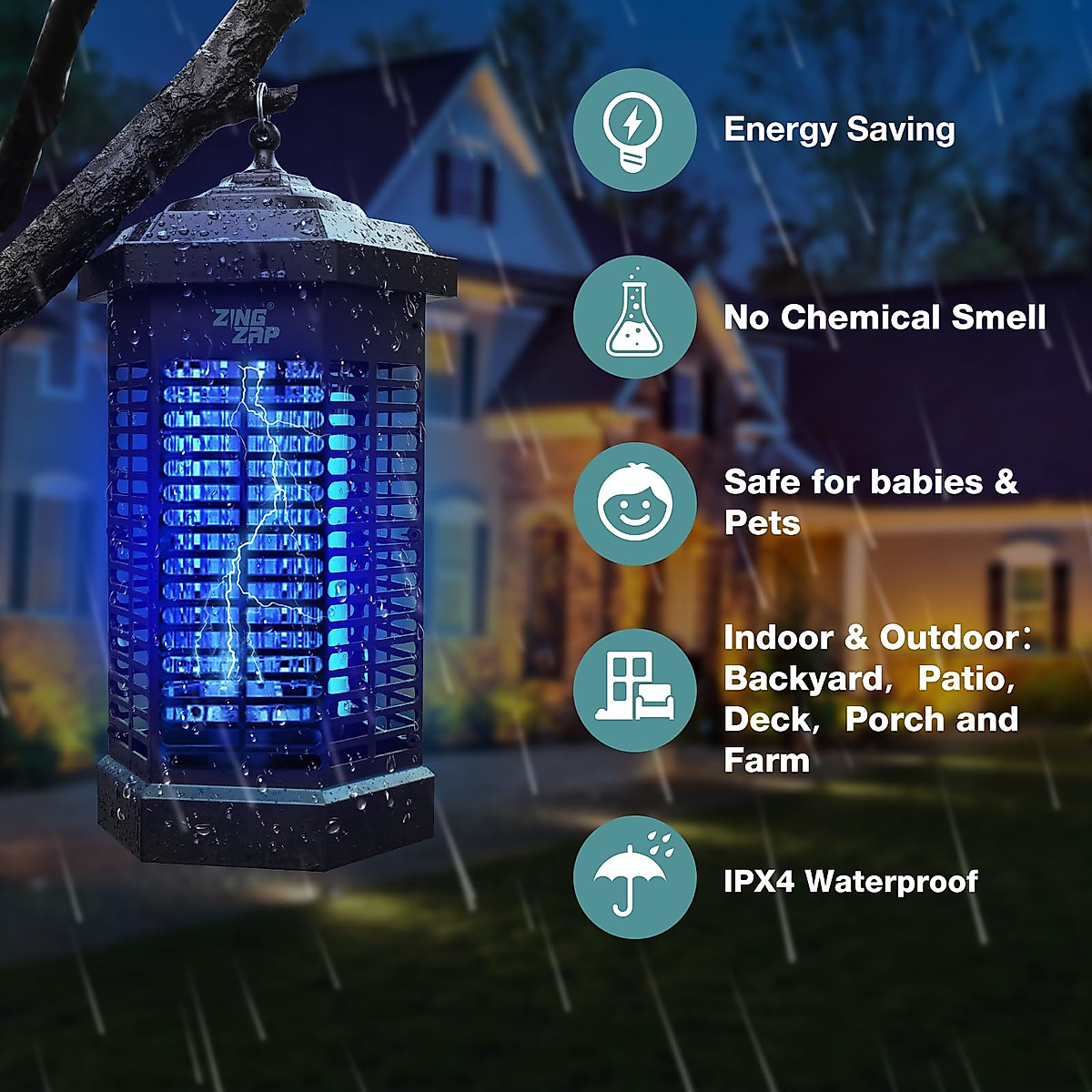 ZingZap Bug Zapper 4200V LED, Mosquito Insect Killer, Fly Zapper Indoor & Outdoor, Rain-Proof, Patio, Lawn & Garden Backyard, Home & Camping with 5ft Power Cord
