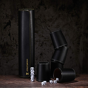 ImnBest Leather Dice Cup Set, 5 Black Leather Dice Cups + 25 Dice + Exclusive Storage and Transport Case Made of Faux Leather with Magnetic Closure..