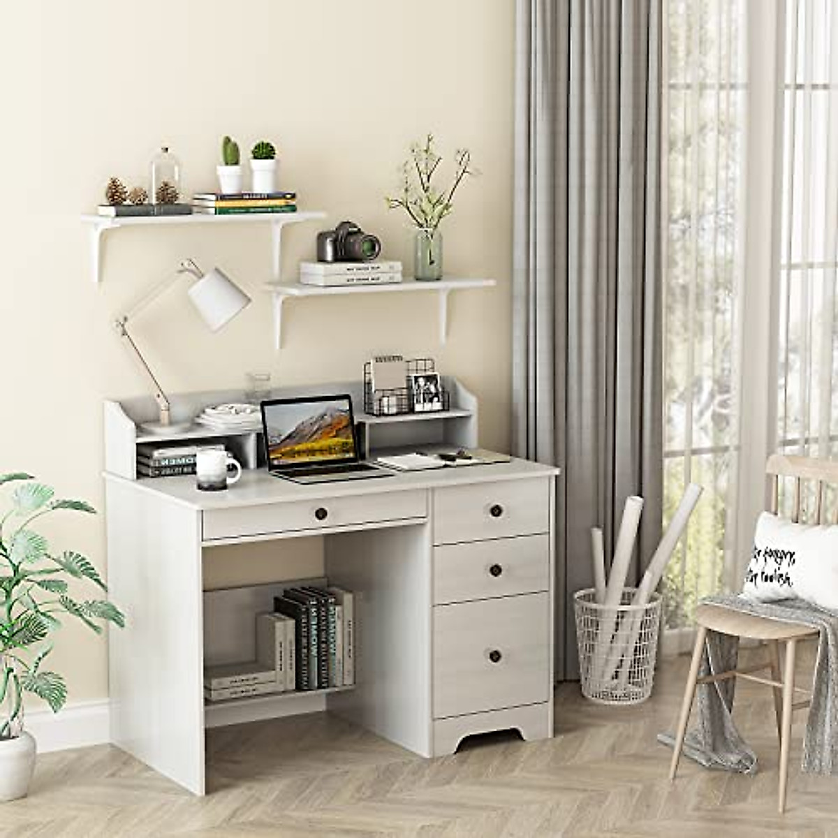ITUSUT Computer Desk with 4 Drawers and Hutch, Home Office Desk with Wide Tabletop and File Drawer, Wood Executive Desk Writing Study Table PC Desk for Bedroom, Oak White