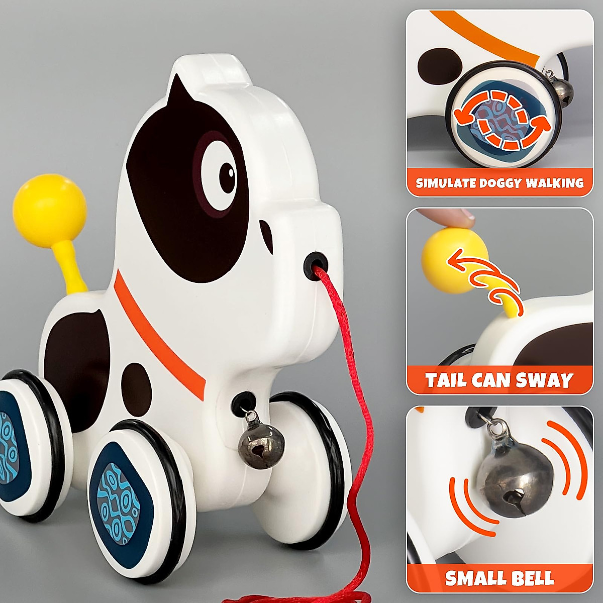 Toddler Pull Toy Walk-A-Long Bulldog Baby Toys Montessori Toys for Aged 2 3 4 5 Years Kid's Pet Puppy Toy with String Rubber Rimmed Wheels | Wearing a Bell | Walking Undulating | Wagging Tail Vivid
