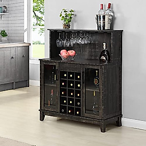 Home Source Bar Cabinet with Wine Rack and Glass Doors in Charcoal Finish