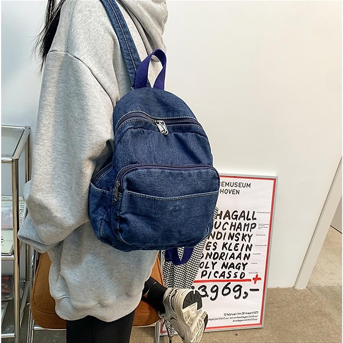 JHTPSLR Small Denim Backpack for Women Vintage Aesthetic Backpack Mini Denim Backpack Canvas Backpack Casual Daypack (Dark Blue)