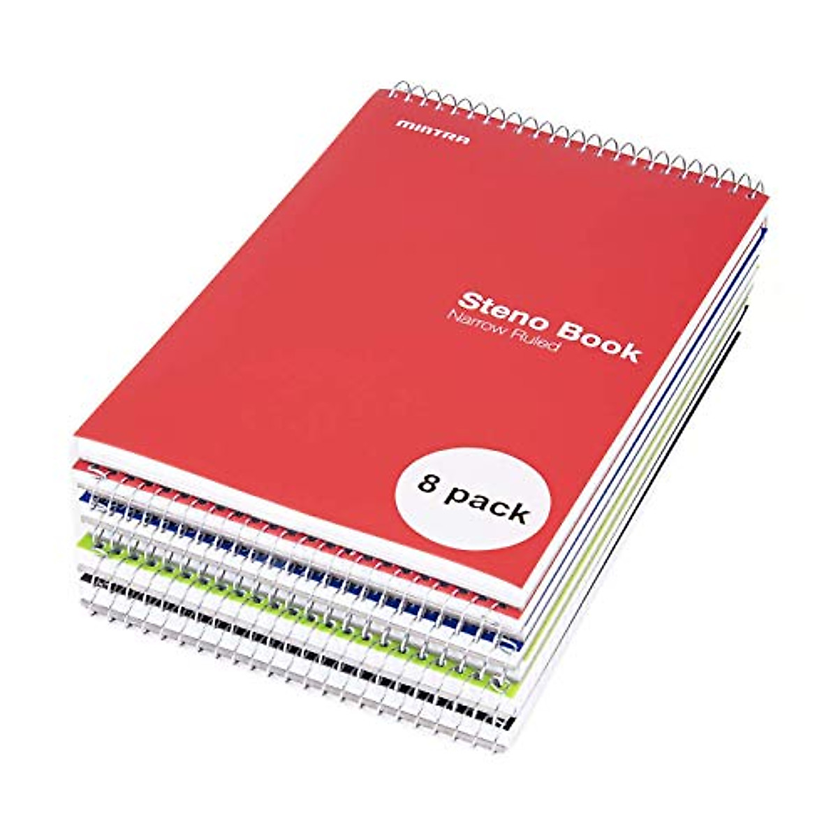 Mintra Office Steno Book - (Primary Colors, 8 Pads/Pack, Narrow Ruled) - 6inx9in, 100 Sheets per pad, POLY Cover, notebook for writing notes in school, university, college, work, office