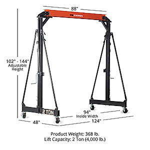 Titan Attachments Telescoping Gantry Crane, 2 Ton Capacity, Shop Lift Hoist Rated 2,000 LB, Portable Design with Locking Wheels, Adjustable Height up to 12 FT, Durable Steel Construction, Frame Only