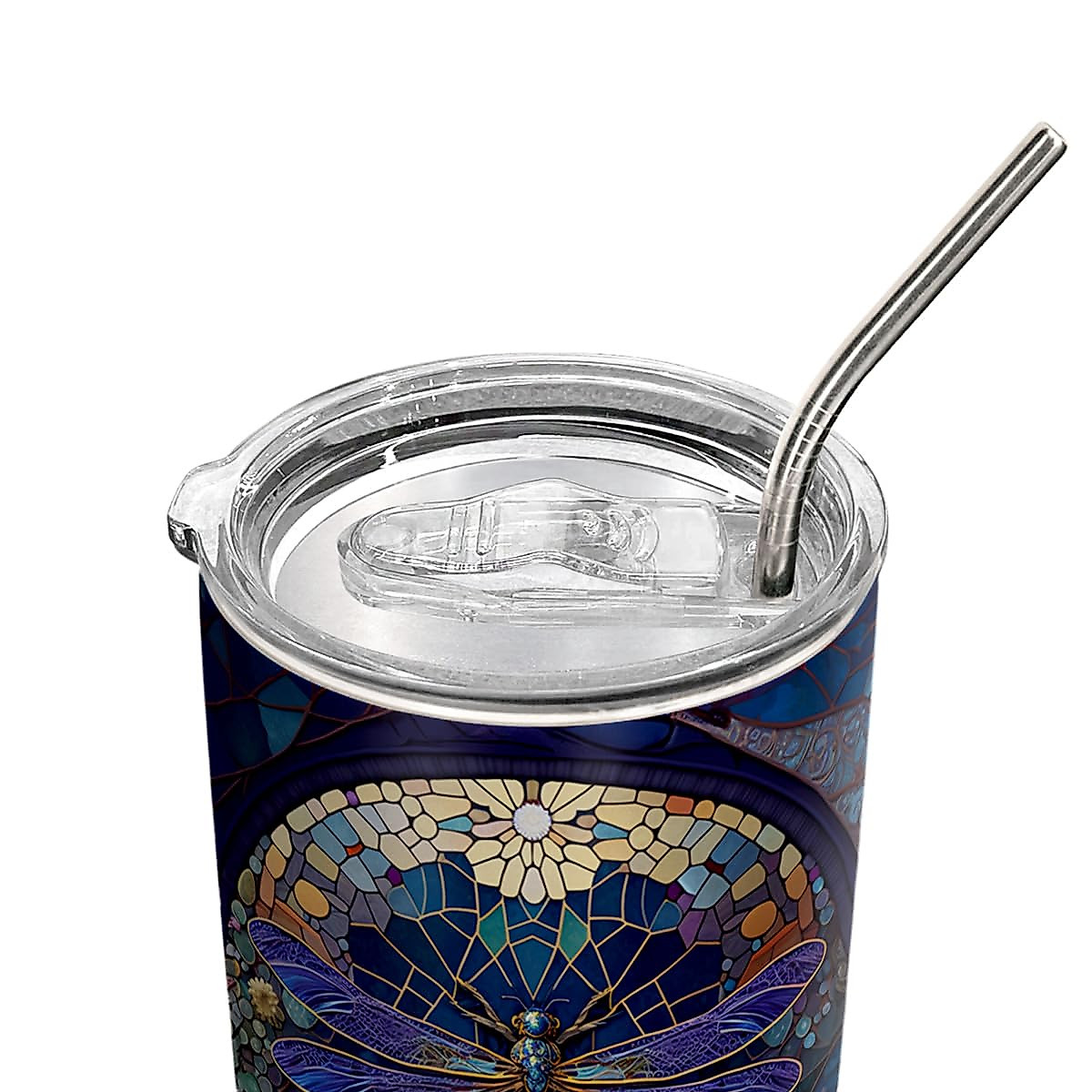ORCAE 20oz Dragonfly Coffee Tumbler, Dragonfly Gifts for Dragonfly Lovers, Colorful Mosaic Flower Purple Dragonfly Tumbler Cup, Stainless Steel Coffee Thermos Insulated Travel Mug with Lid - G