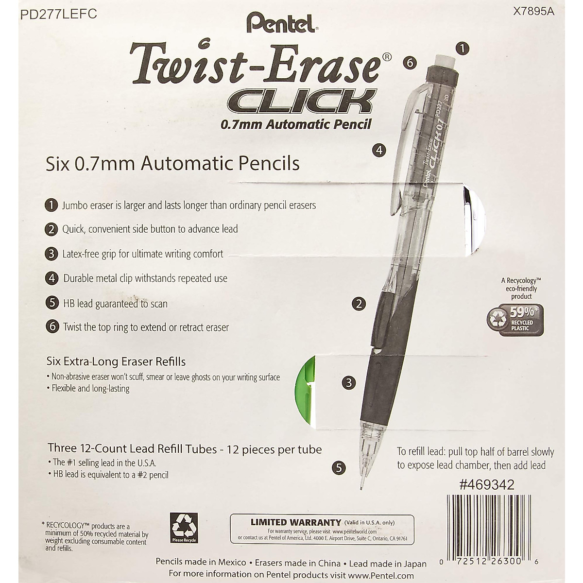 Pentel Twist-Erase Click Mechanical Pencil Set - 6 Mechanical Pencils, 6 Extra Erasers, 3 Tubes of Lead Refills