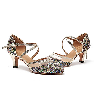 ZHCRCfirm Women's Glitter Closed Toe Ballroom Morden Latin Tango Party Wedding Professional Dance Shoes Gold US 7.5