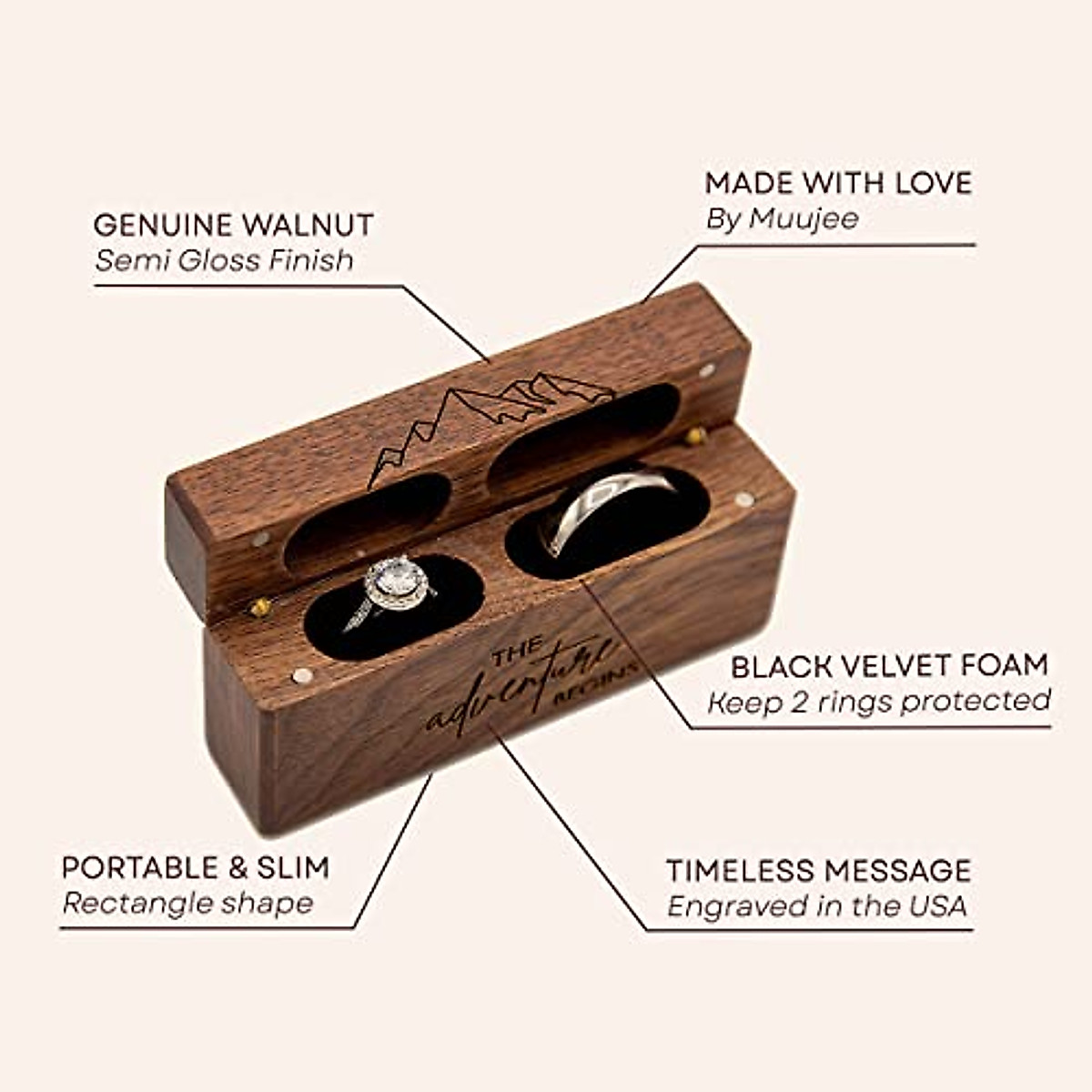 MUUJEE The Adventure Begins Double Ring Box - Engraved Slim Wooden Ring Case Box for Wedding Ceremony Engagement Proposal Ring Bearer Box - Anniversary Birthday Gift Ideas