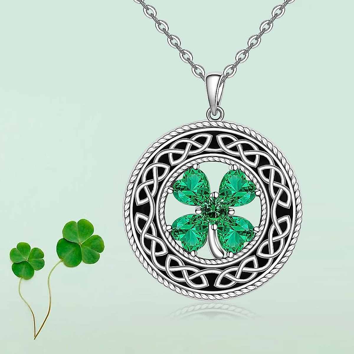 Celtic Knot Shamrock Necklace for Women Sterling Silver St Patricks Day Four Leaf Clover Necklace Good Luck Pendant CZ Jewelry Infinity Valentines Day Necklaces for Her Gifts