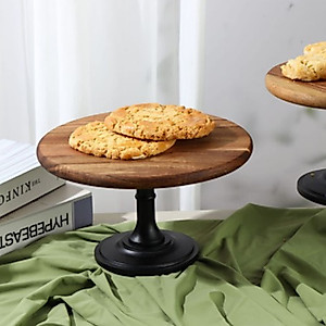 MY MIRONEY 7.87" Wooden Cake Stand Rustic Cake Holder with Black Base Round Cupcake Holder Wedding Cake Pedestal Stand for Dessert Table, Birthday Party, Home Decor
