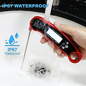 Digital Meat Thermometer with Probe, Instant Read Food Thermometer for Grilling BBQ, Kitchen Cooking, Baking, Liquids, Candy & Air Fryer - IP67 Waterproof, Backlight & Calibration - Red/Black