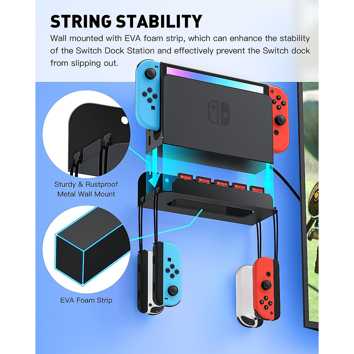 ZAONOOL Wall Mount for Nintendo Switch and Switch OLED with 2 Controller Wall Holders, Metal Wall Mount Kit Stand with 5 Game Card and 4 JoyCon Shelfs, Safely Store Console Near or Behind TV, Black