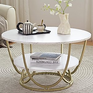 Elephance Round Coffee Table, 31.5 Inch Modern Coffee Table for Living Room, White and Gold Coffee Table with Storage, Wooden Tabletop-Marble White Print with Gold Frame