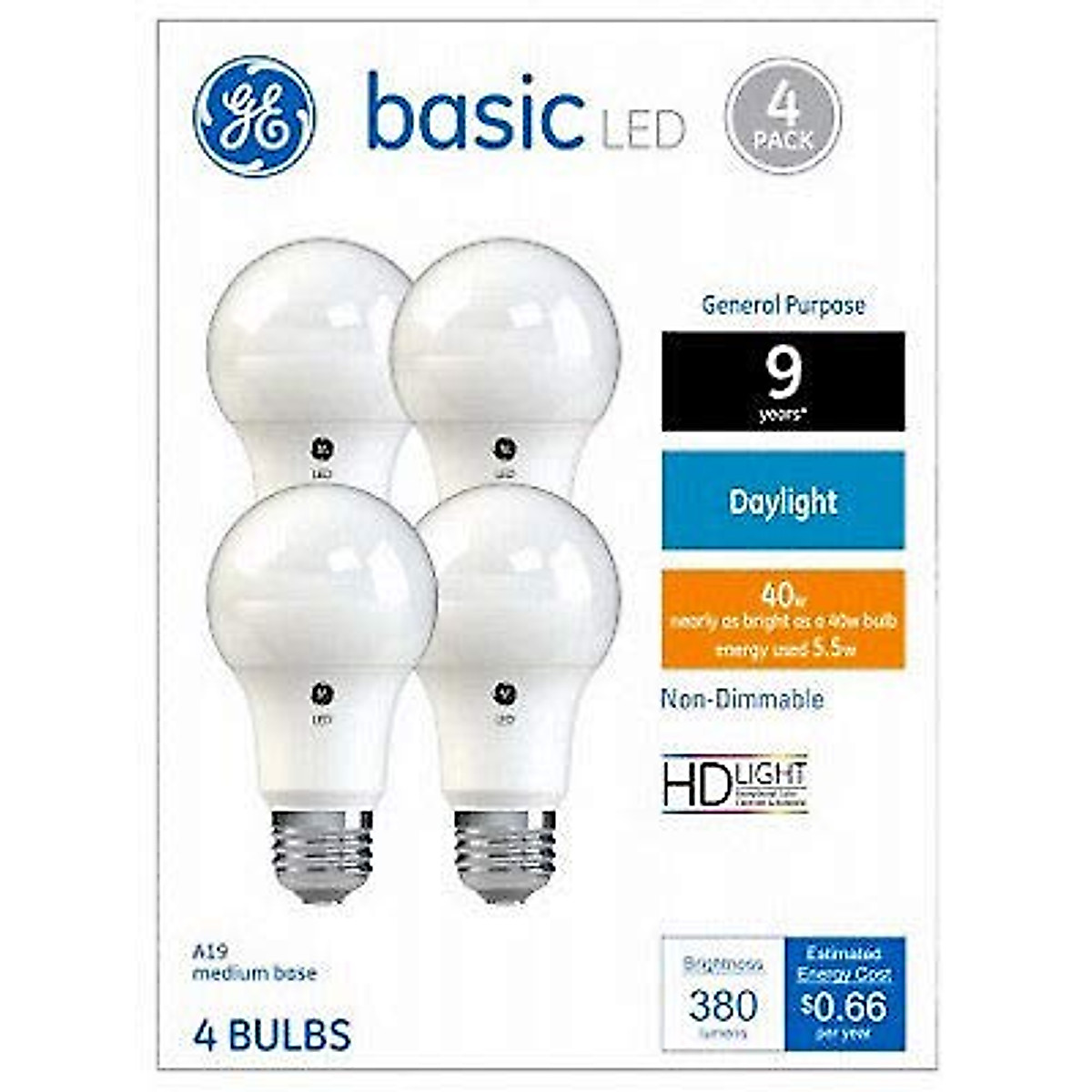 Ge Lighting 36992 5.5 Watt E26 A19 Frosted Daylight Led Non-Dimmable Light Bulbs 4 Count