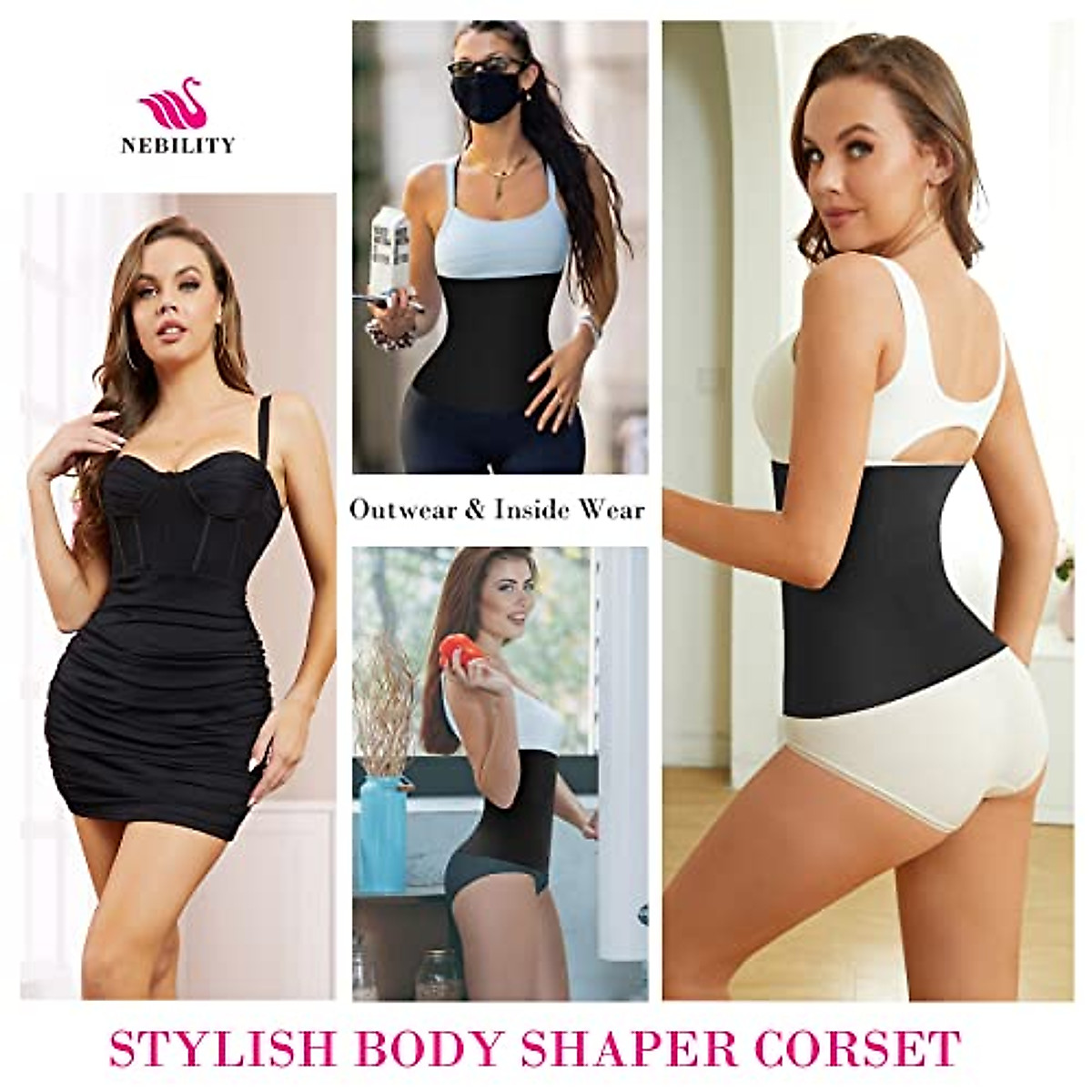 Nebility Women Waist Trainer Shapewear Tummy Control Waist Cincher Slim Body Shaper Workout Girdle Underbust Corset (XL, Black Without Hook)