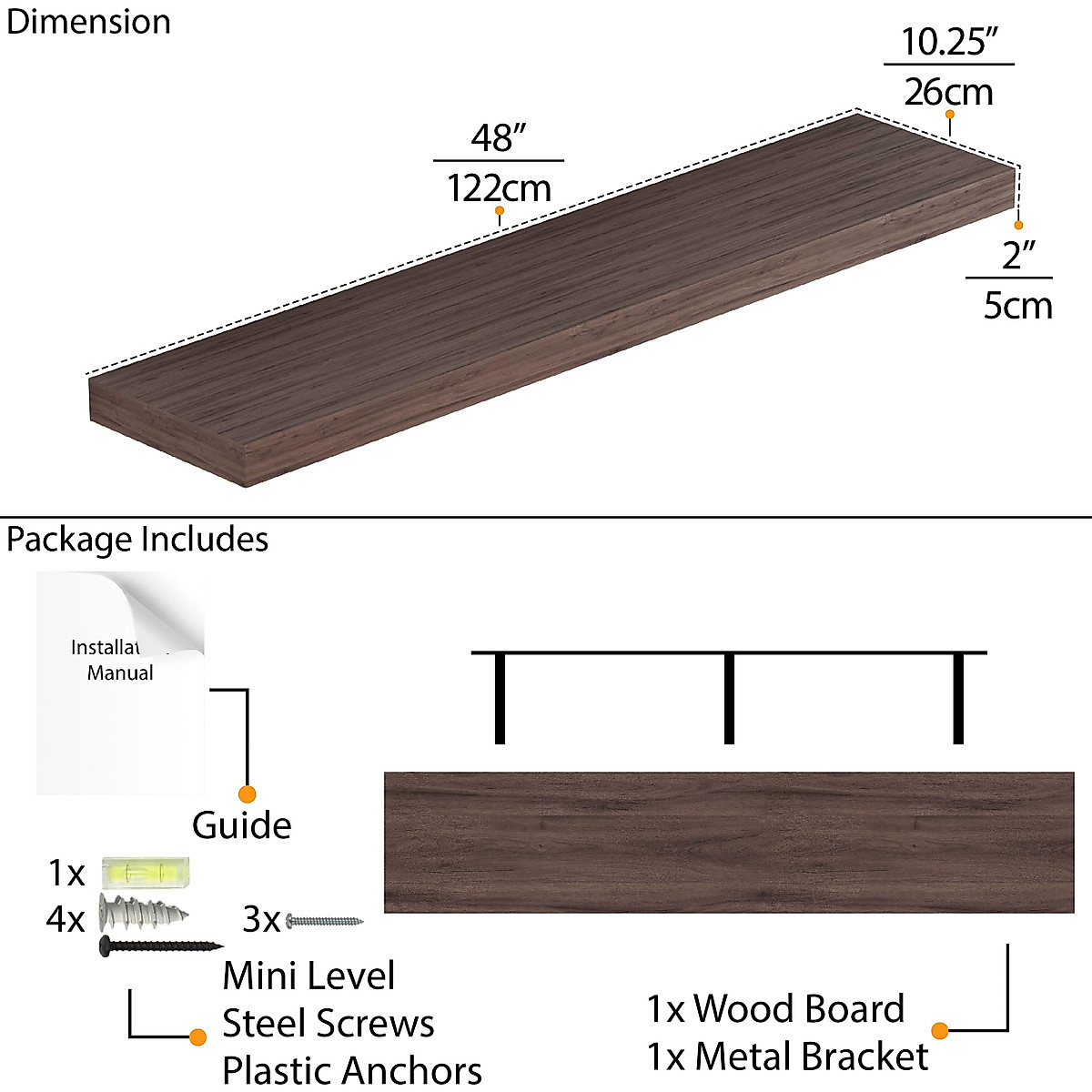 Wallniture Ronda 48 inch Walnut Floating Shelf, Floating Bookshelves for Wall, Decorative Wall Shelves for Living Room, Kitchen, Bedroom