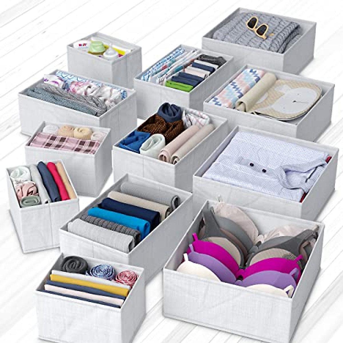 Drawer Organizer Clothes Set of 12 White-Grey - Dresser Organizer For Nursery, Bedroom, Closet - Perfect Baby Clothes Organizer and Storage & General Nursery Organization or Dresser Drawer Organizers