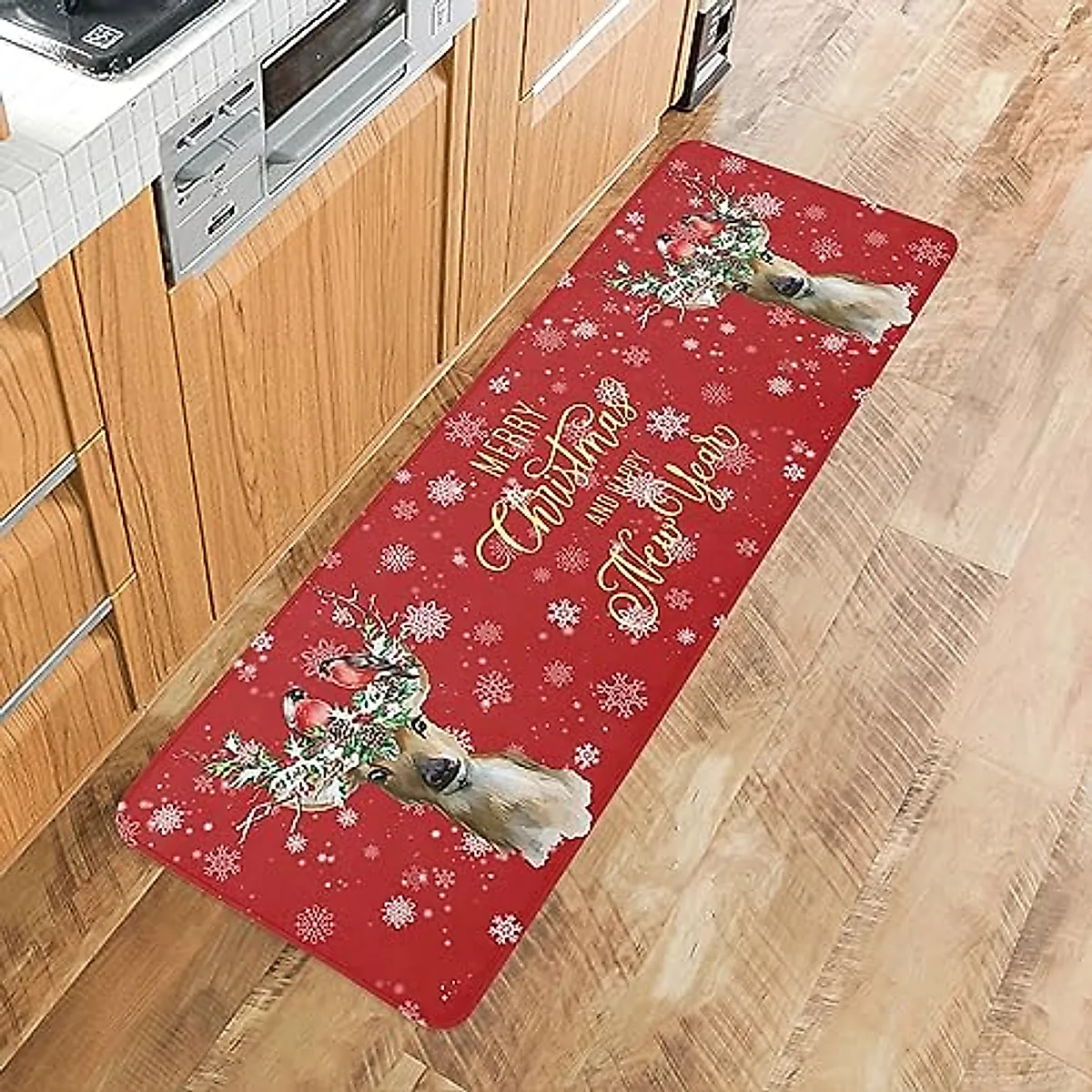Kitchen Rug and Mat Set Merry Christmas Reindeer Robin,Non-Slip Doormats Comfort Durable Floor Runner,Winter Snowflakes on Red Washable Standing Carpet for Bedroom Living Room Decor